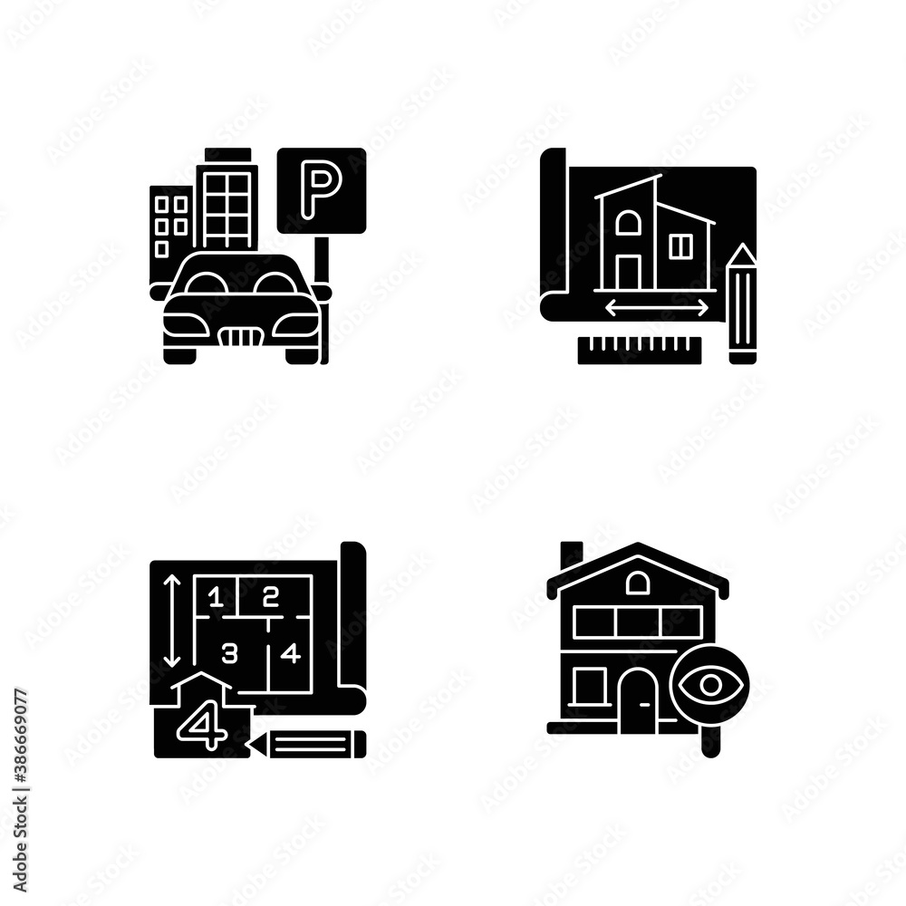 Residential house structure black glyph icons set on white space ...