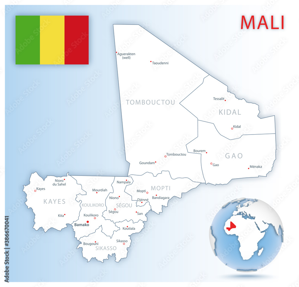 Detailed Mali administrative map with country flag and location on a ...