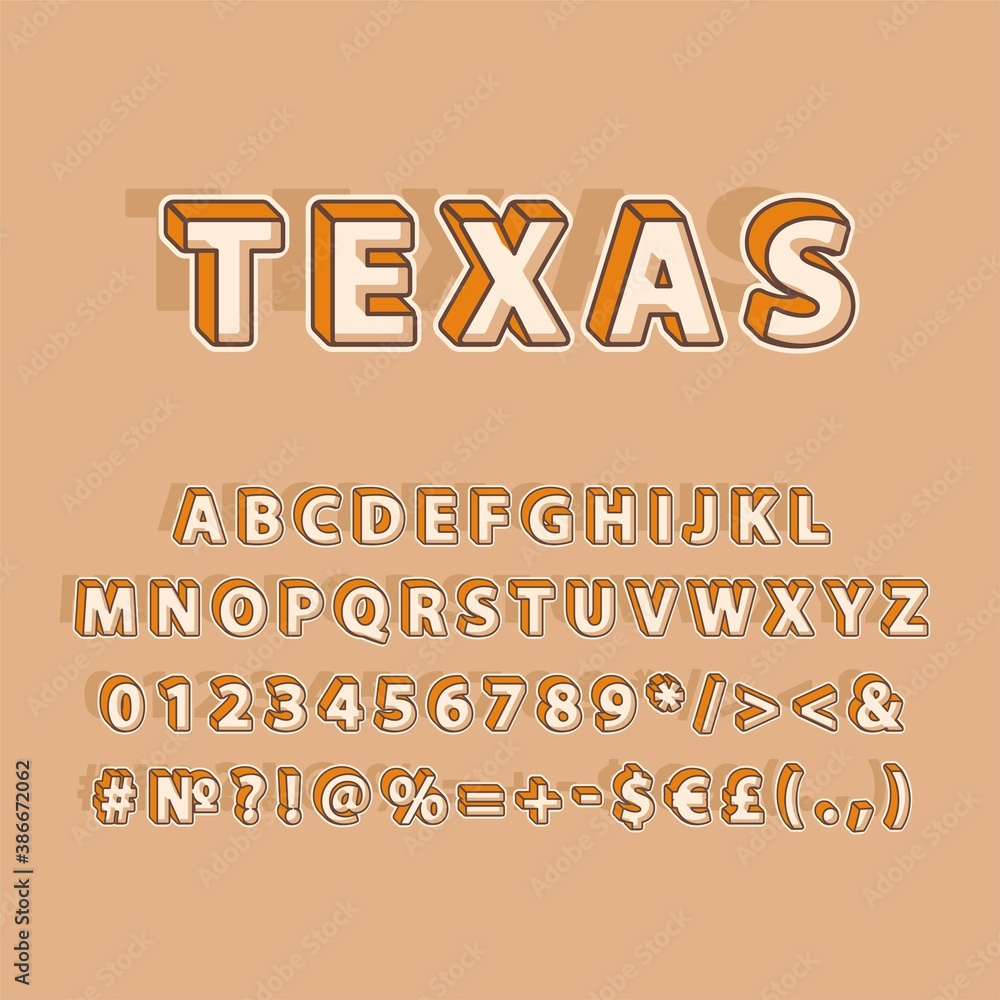 Vecteur Stock Texas header vintage 3d vector alphabet set. Retro bold ...