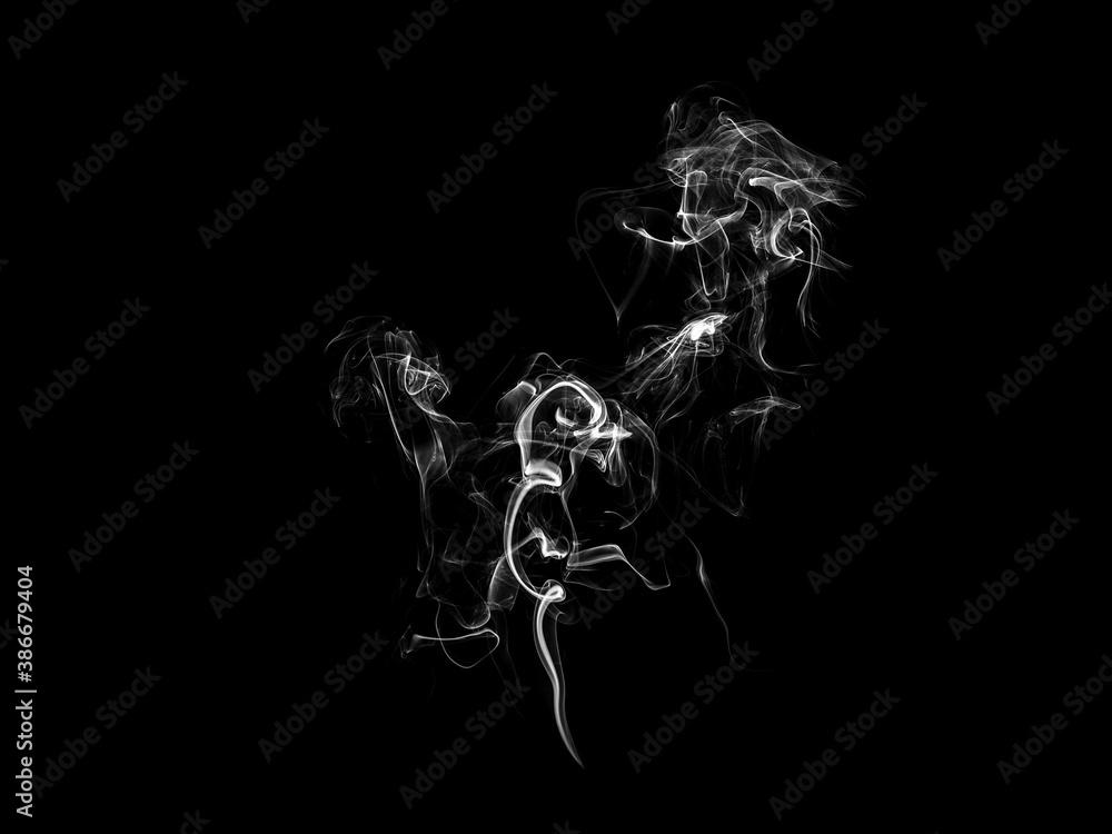 Abstract white puffs of smoke swirls overlay on black background ...
