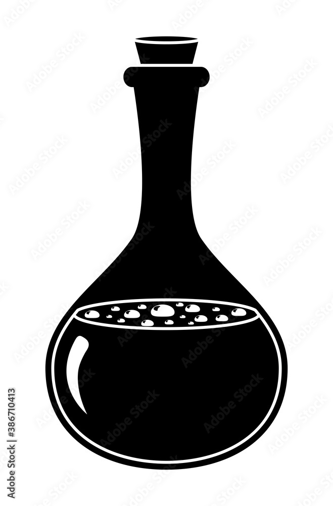 Elixir in glass bottle vector silhouette isolated on white. Black shape ...