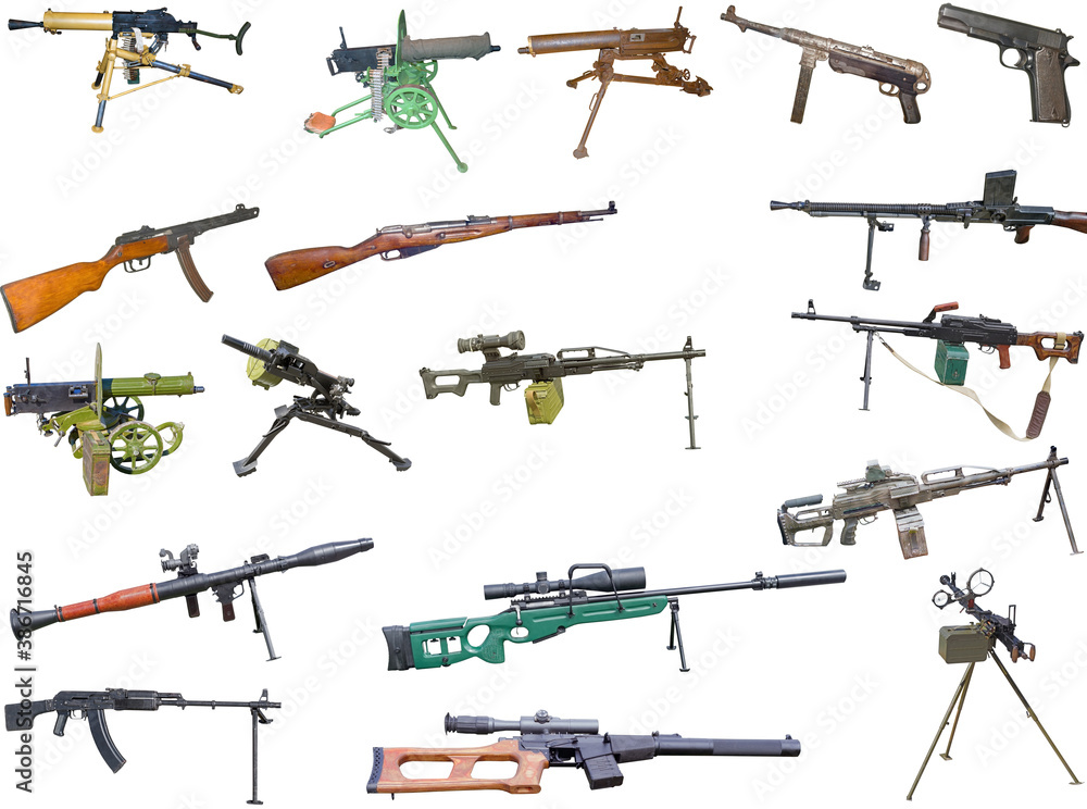 set of firearms weapons. pistols, rifles, machine guns Stock Photo ...