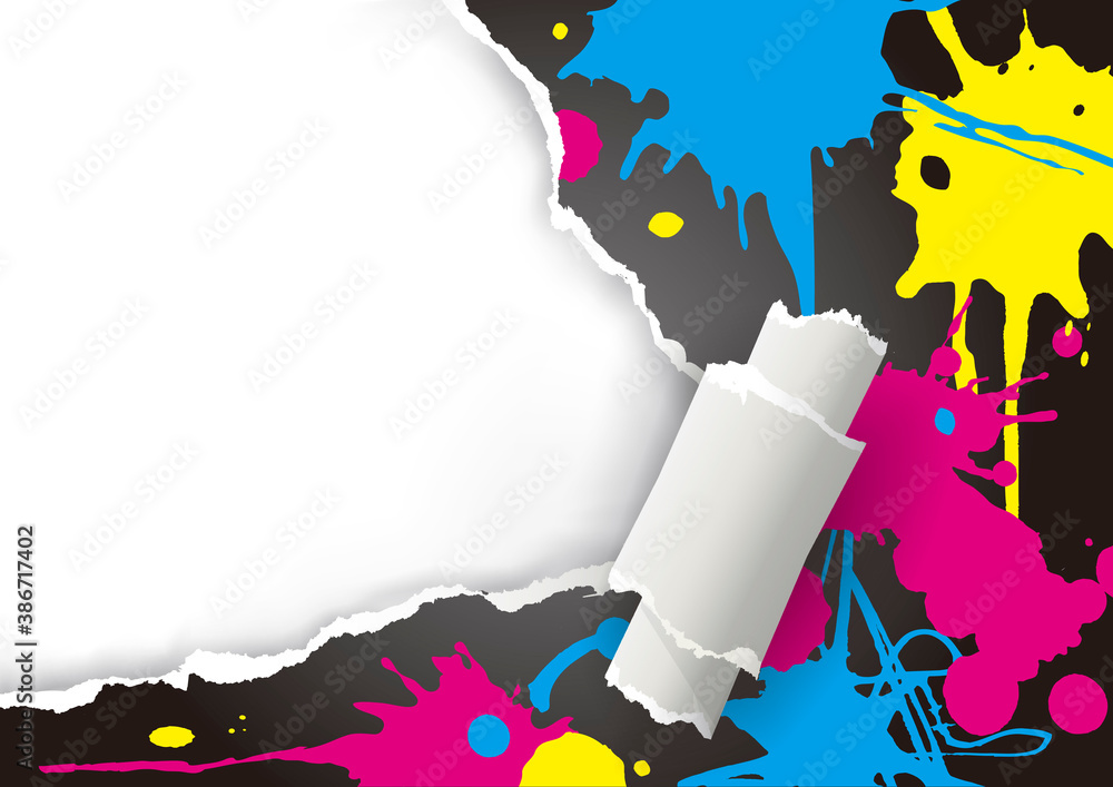 Ripped paper with CMYK colors ink splashes . Ripped paper with place ...