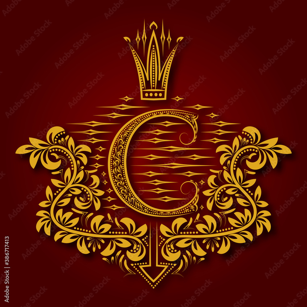 Letter C heraldic monogram in coats of arms form. Vintage golden logo ...