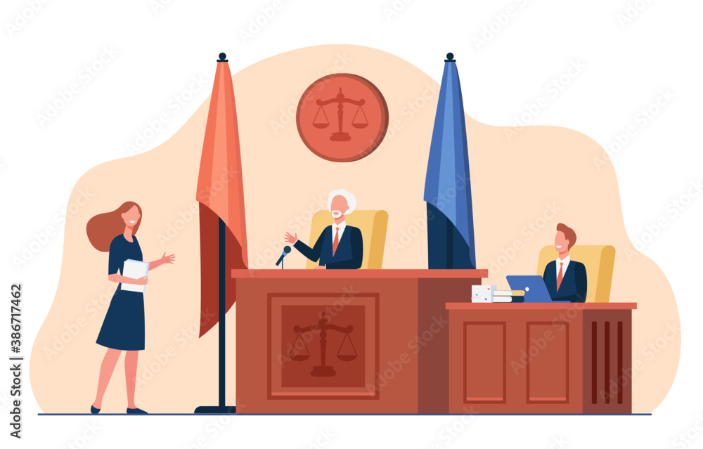 Female attorney standing in front of judge and talking isolated flat ...