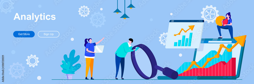 Analytics landing page with people characters. Business indicators ...