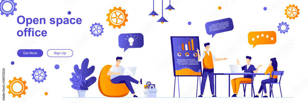 Open space office landing page with people characters. Business team ...