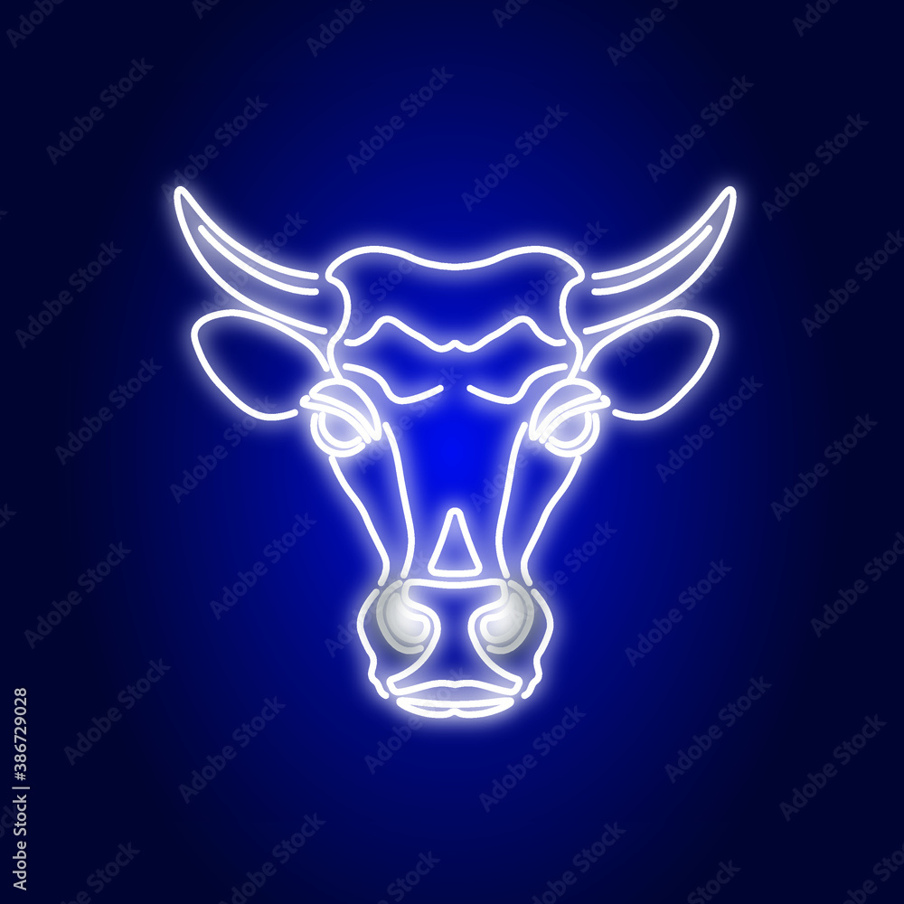 Neon white bull, menacing with big horns. Graphic vector drawing ...