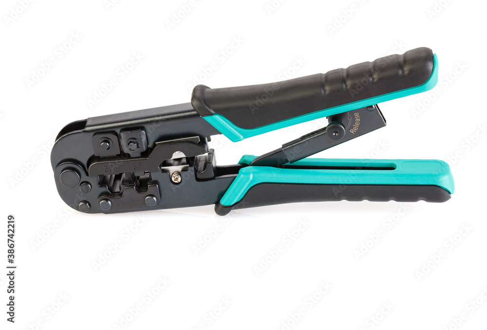 Modular crimper for RJ-45 and RJ-11 isolated on white background ...