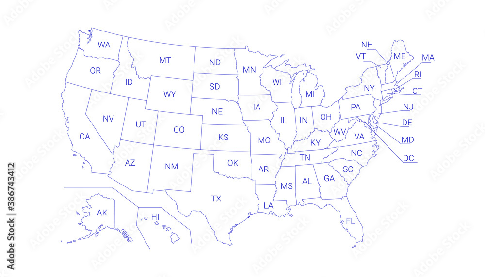 Outline Political US Map with titles of the states. All USA regions are ...