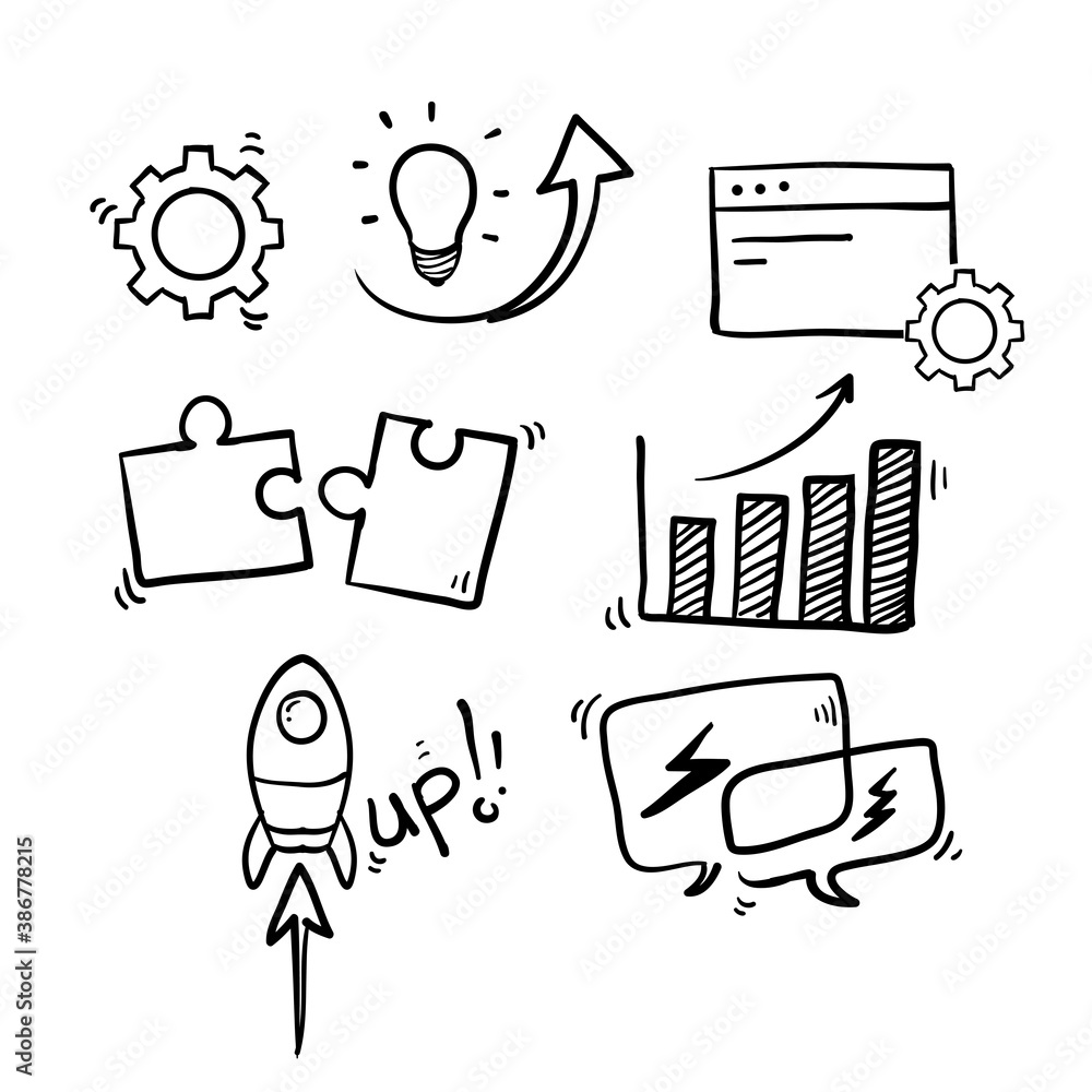 hand drawn Startup line icons. Launch Project, Business report and ...
