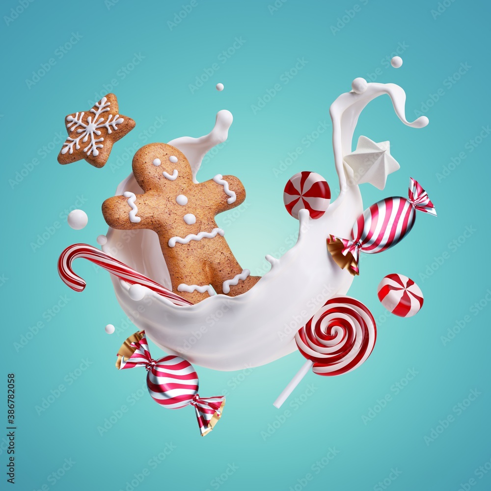3d render, gingerbread man, assorted cookies and caramel candies ...