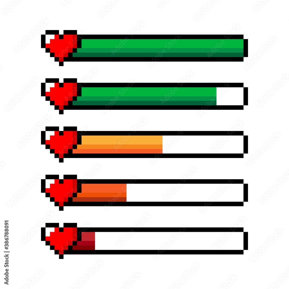 Pixel art 8 bit red yellow green health heart progression bar set ...