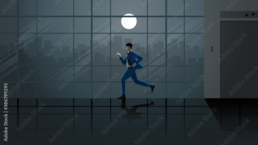 Hurry up office people run from the lift hall workplace in the dark and ...