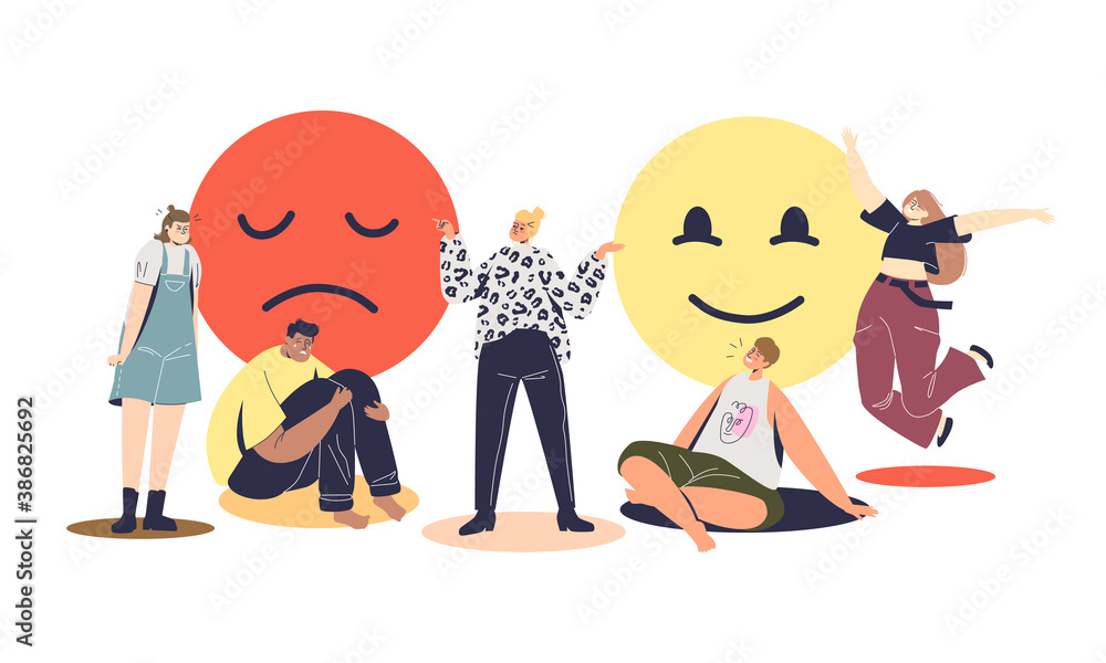 People in good and bad mood. Happy and upset cartoon characters in ...