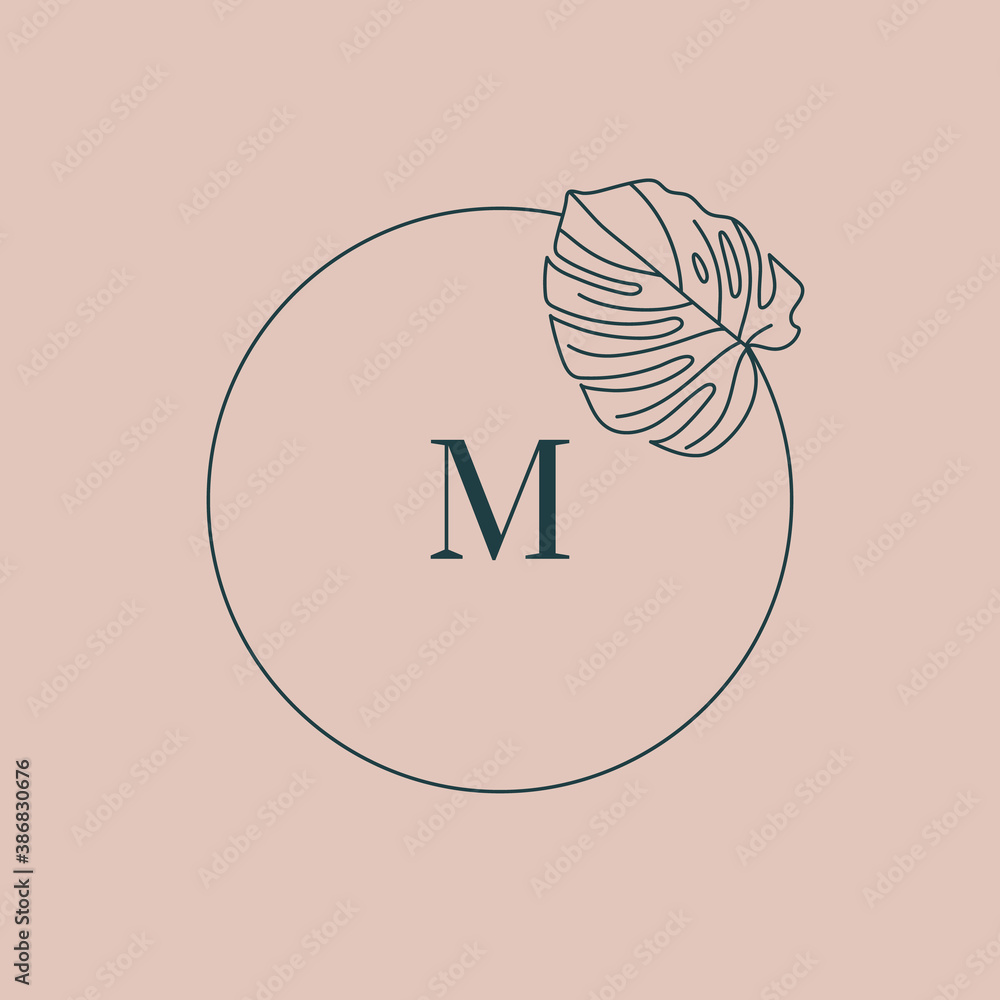 Monstera leaf Monogram design in simple minimal linear style. Vector ...