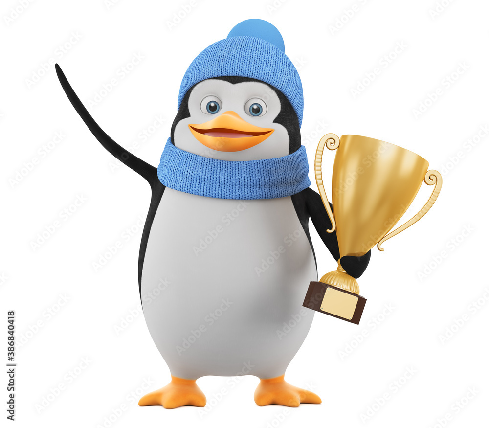 Cartoon character penguin in winter clothes rejoices in victory and ...