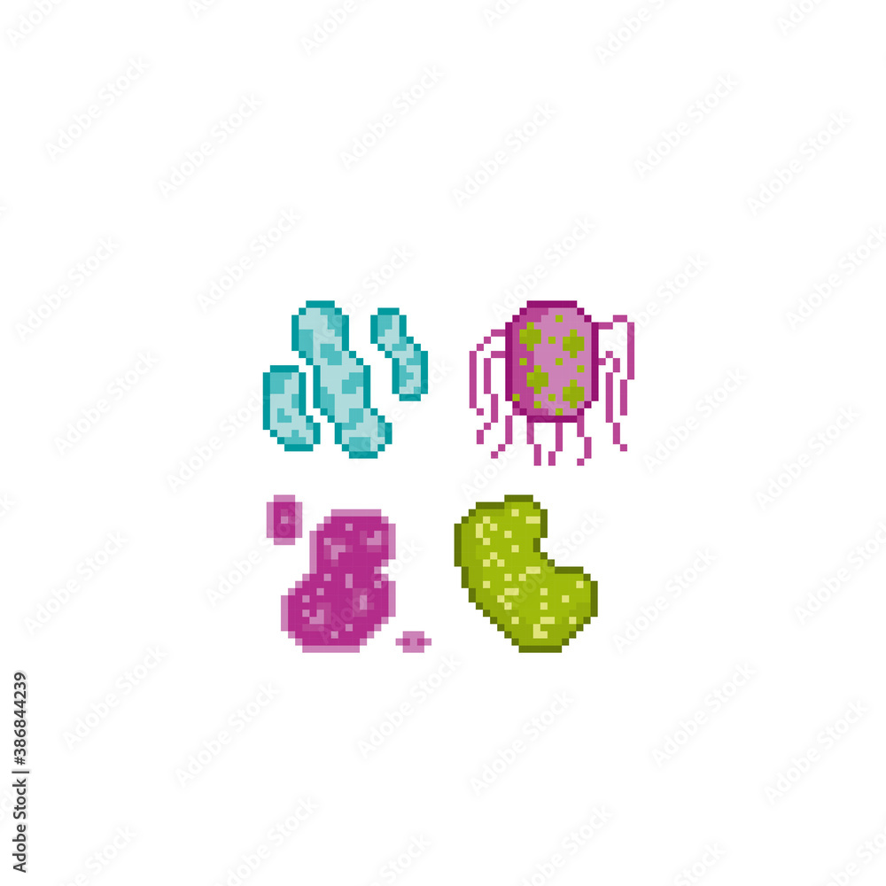 Bacteria and microbe pixel art icons set. Viral molecules. Micro ...