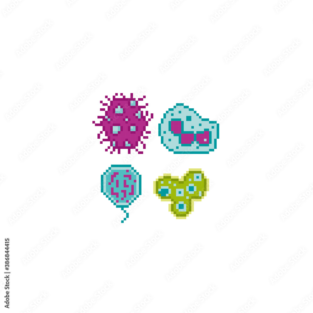 Bacteria and microbe pixel art icons set. Viral molecules. Micro ...