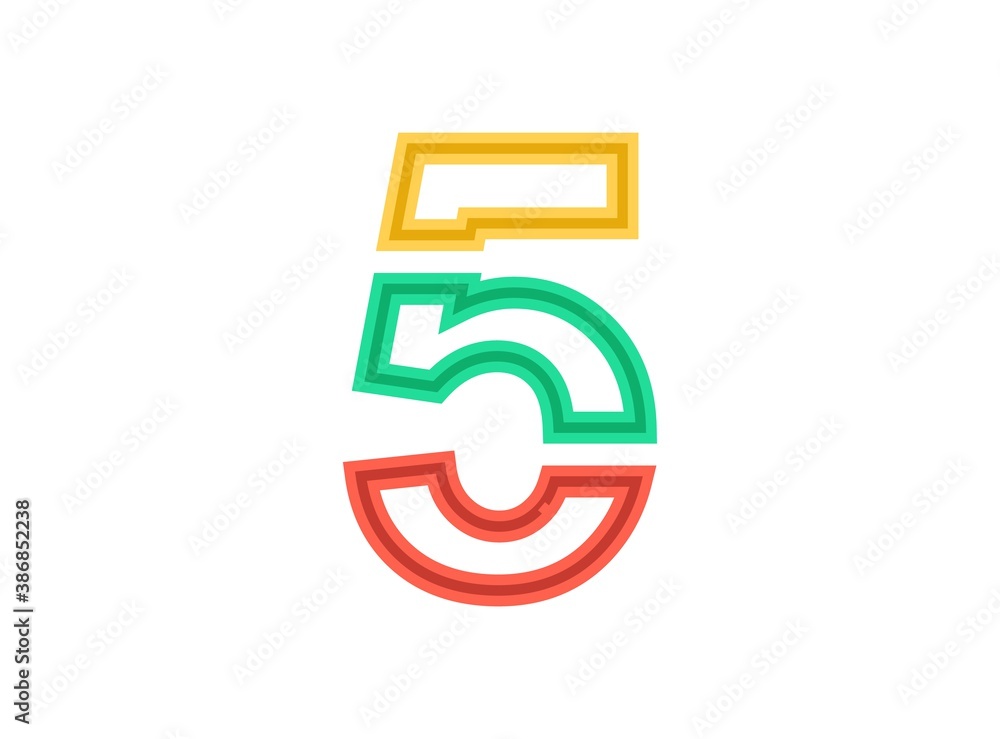 5 number logo, vector outline stroke font. Slice, cut design with red ...