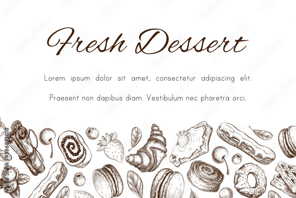 Vecteur Stock Bakery pastry sketch. Bakery banner, border. Hand drawn ...