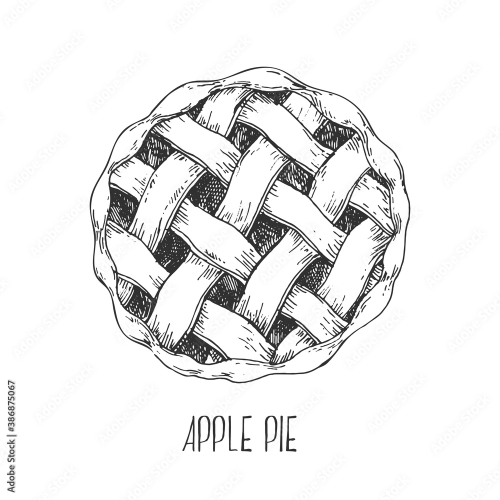 Hand drawn vector illustration of apple pie. Cake with lettering ...