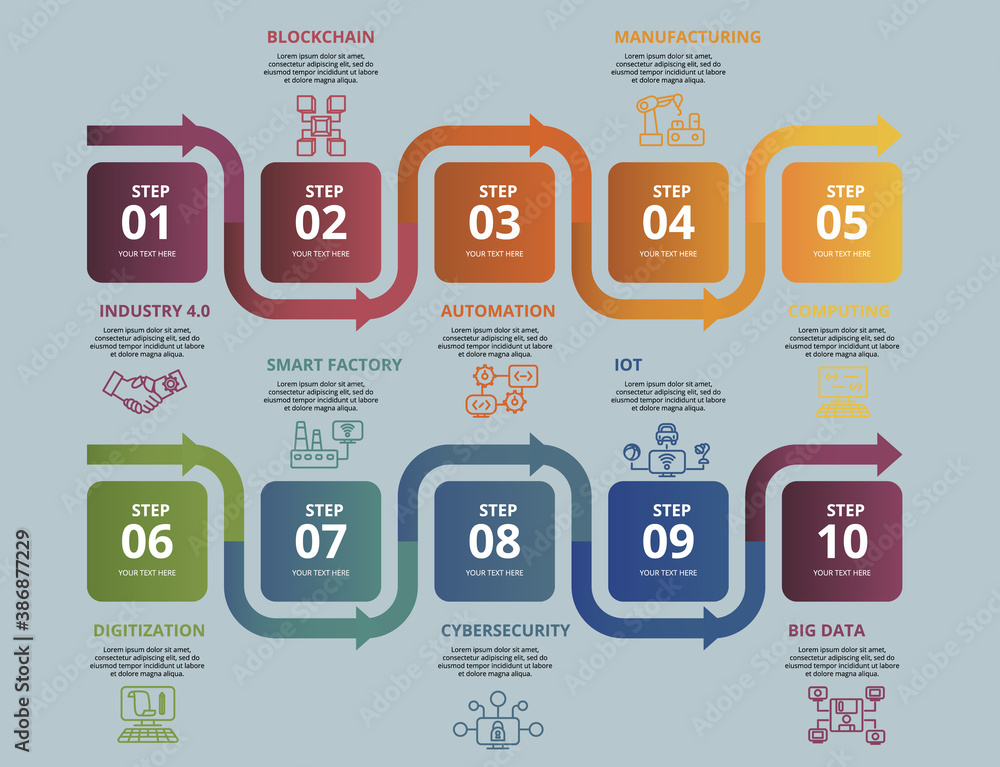 Infographic Industry 4.0 template. Icons in different colors. Include ...