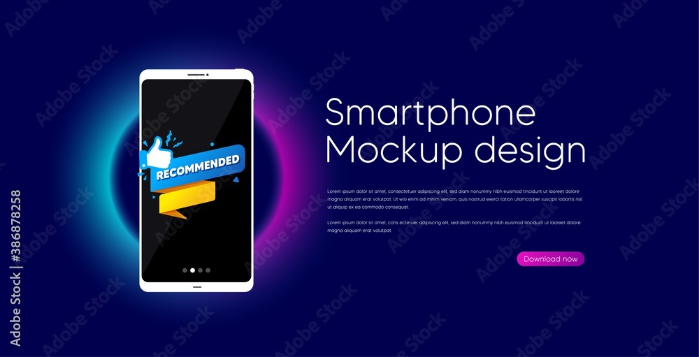 Recommended paper banner. Mobile phone vector mockup. Best deal tag. Bubble with thumbs up icon ...