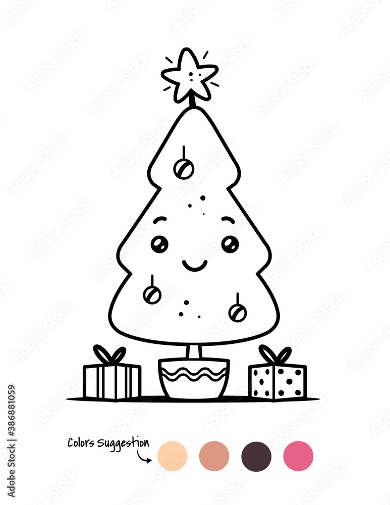 Christmas Tree Outline Coloring Book Page template vector cartoon ...