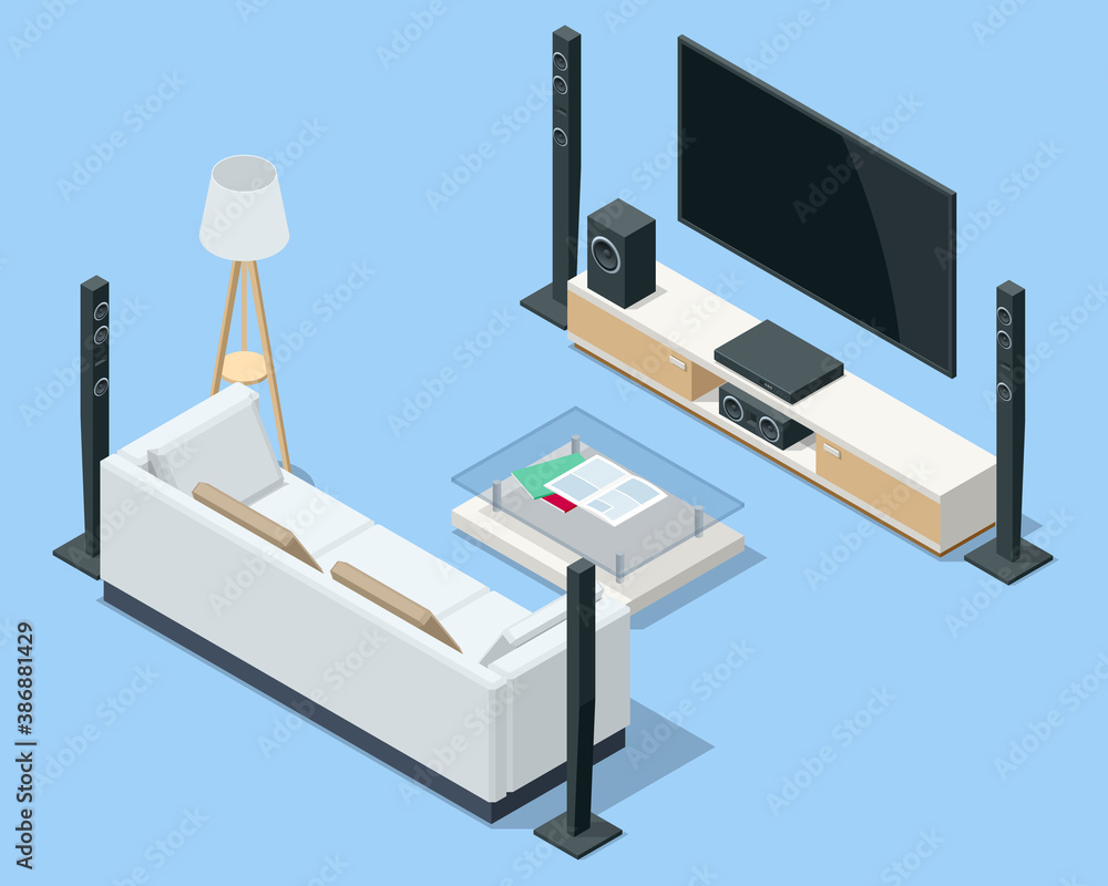 Isometric home theater, audio system isolated on white background. Home ...