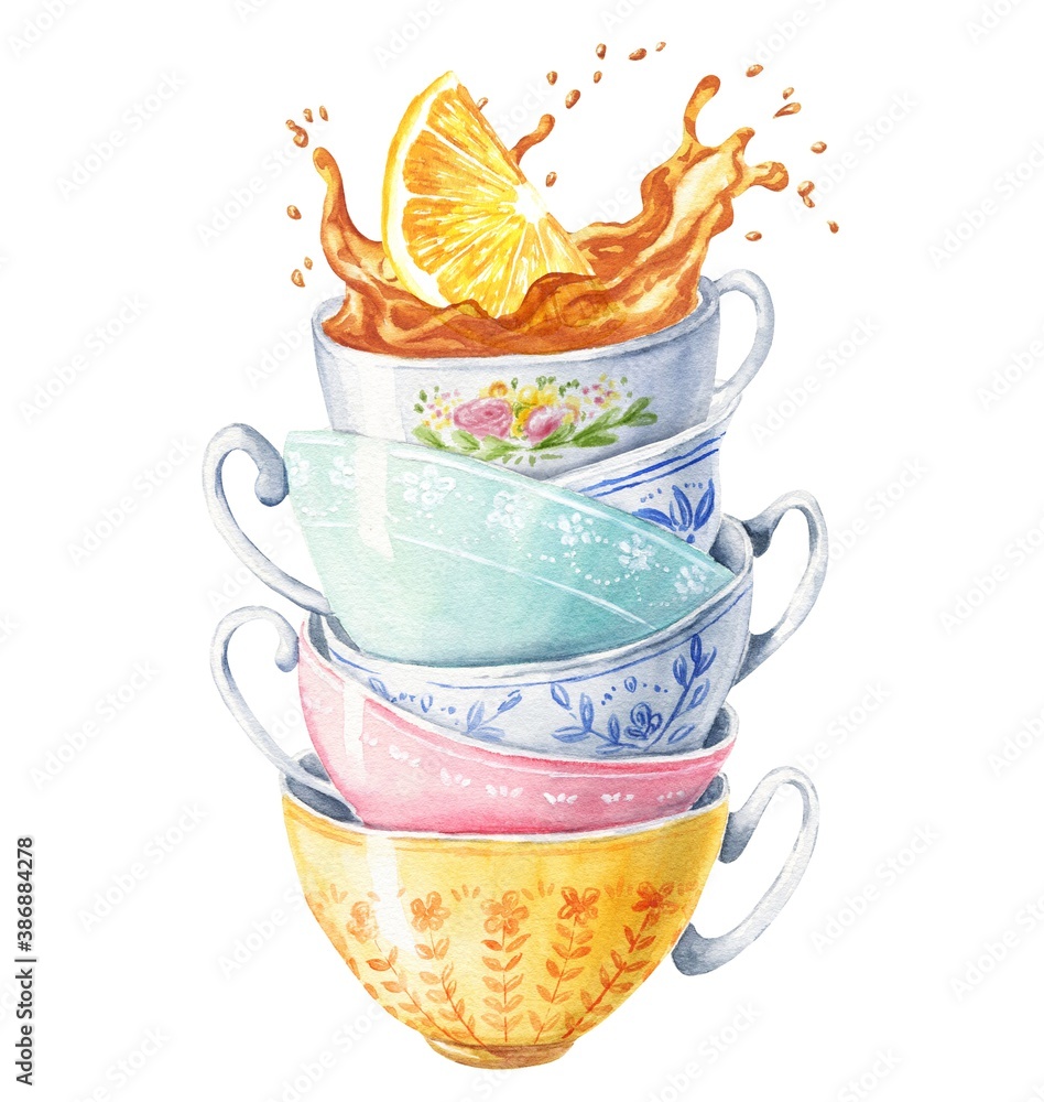 Watercolor tea cups stack with liquid splash and lemon slice on white ...