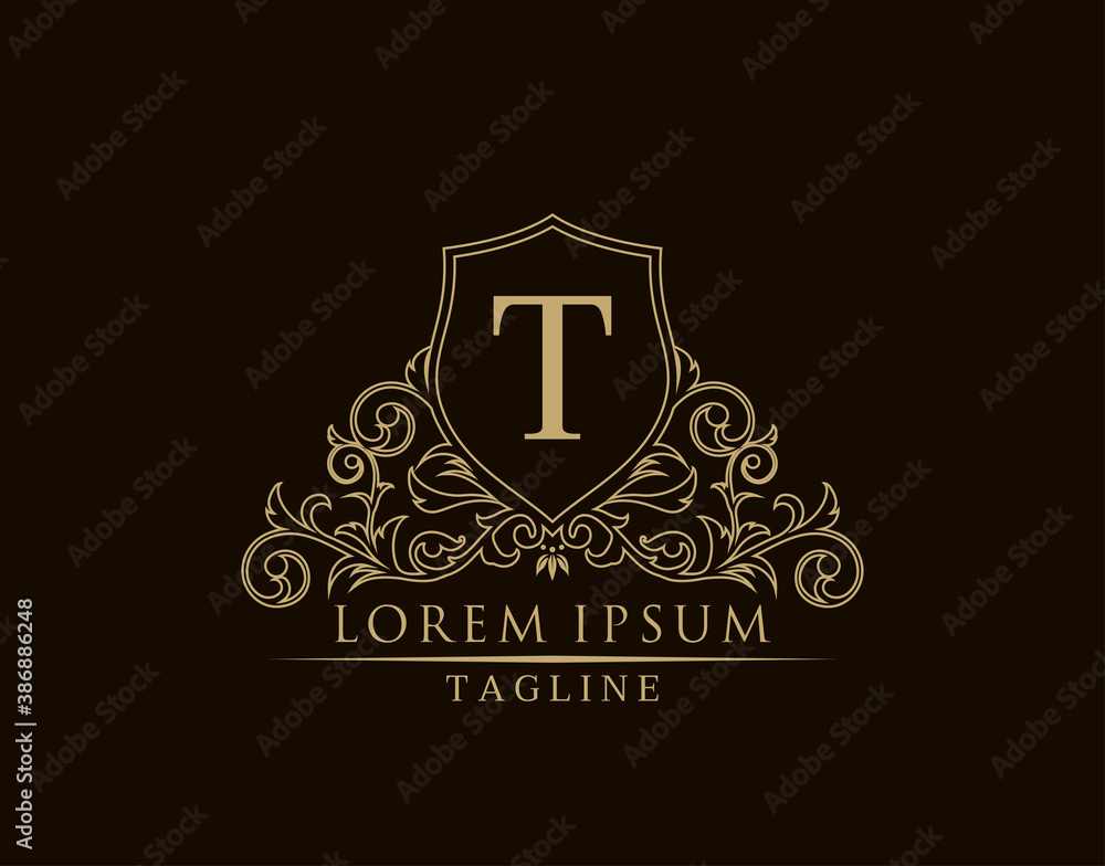 Luxury Royal Letter T Logo Design, Elegant Shield With Out Line Floral ...
