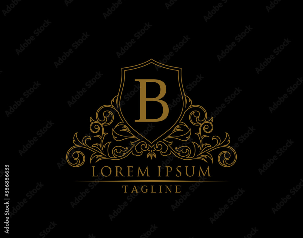 Luxury Royal Letter B Logo Design, Elegant Shield With Out Line Floral ...