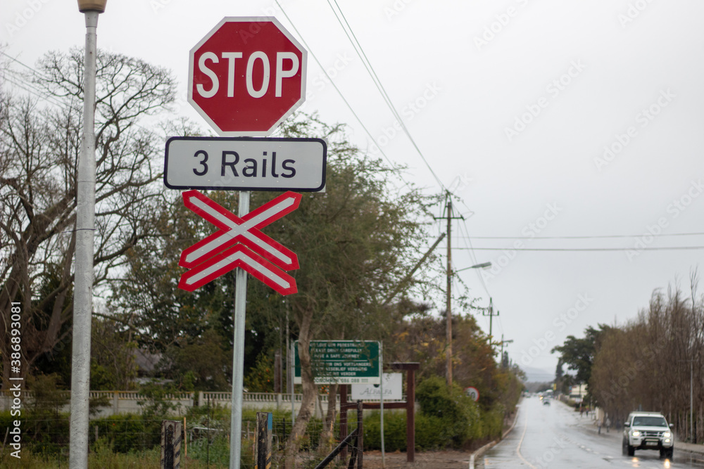 Road Signs in Western Cape South Africa with Snowy Mountains Stock ...