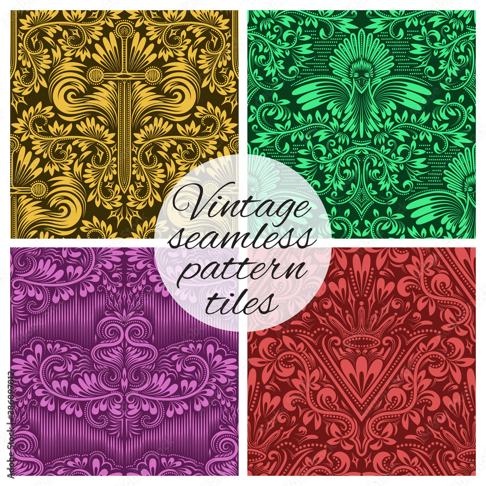Tiles of vintage seamless patterns for wallpaper design. Set of ...