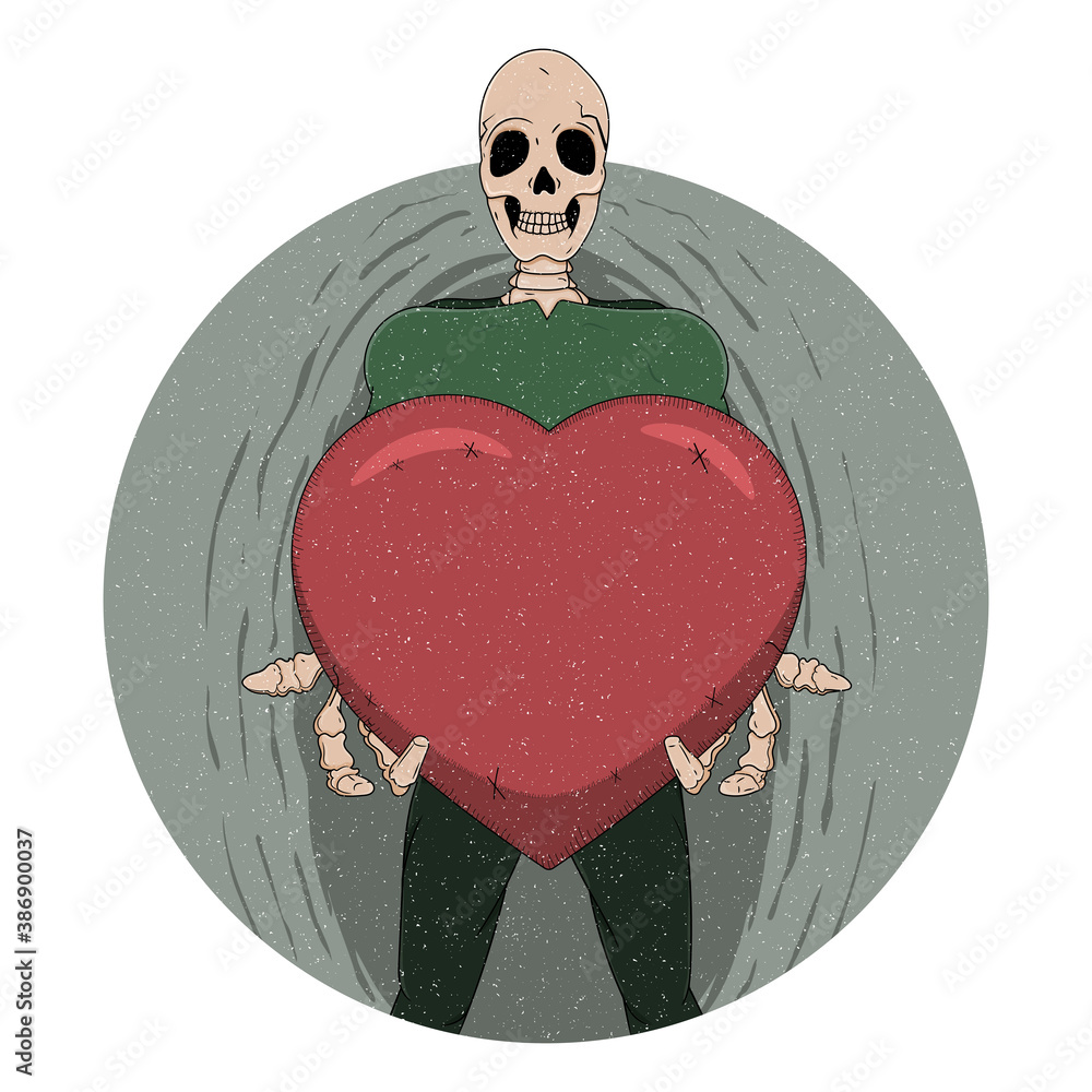 Skeleton holding heart symbol vintage art. A happy skeleton shows its ...