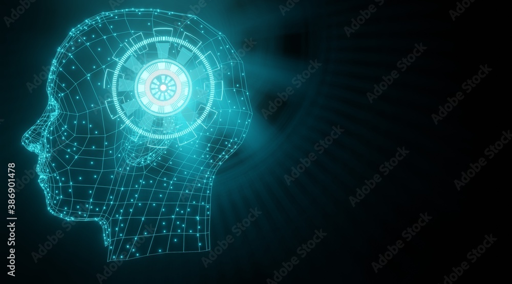Artificial intelligence. Human head outline with circuit board inside ...