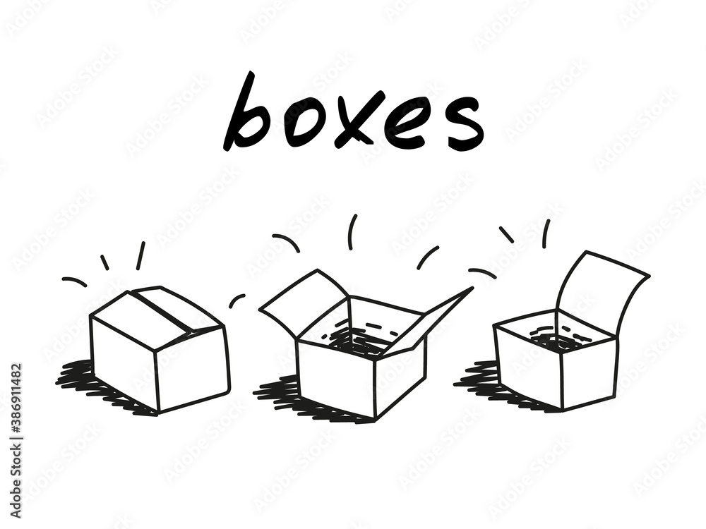 Vektorová grafika „Boxes outline icons. Set of three handdrawn vector ...