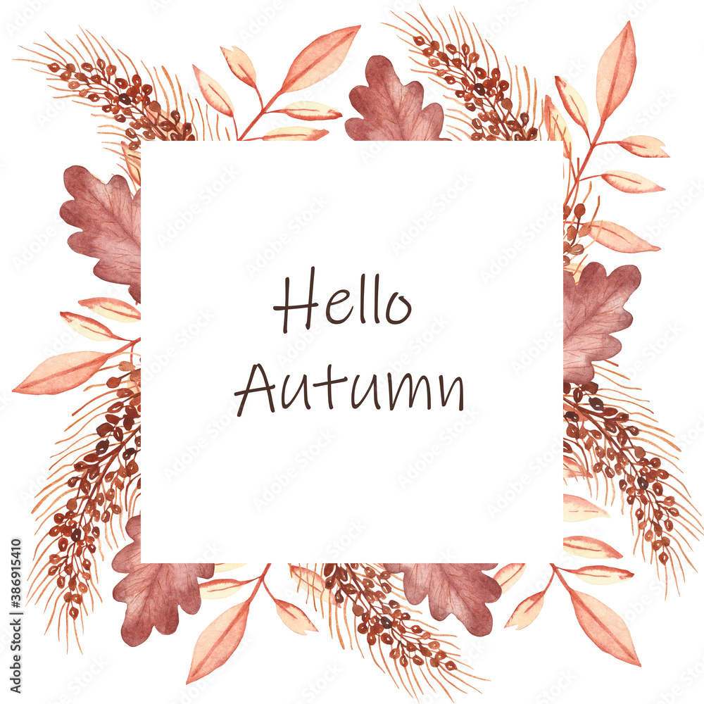 Watercolor hand painted nature autumn squared border frame with yellow ...