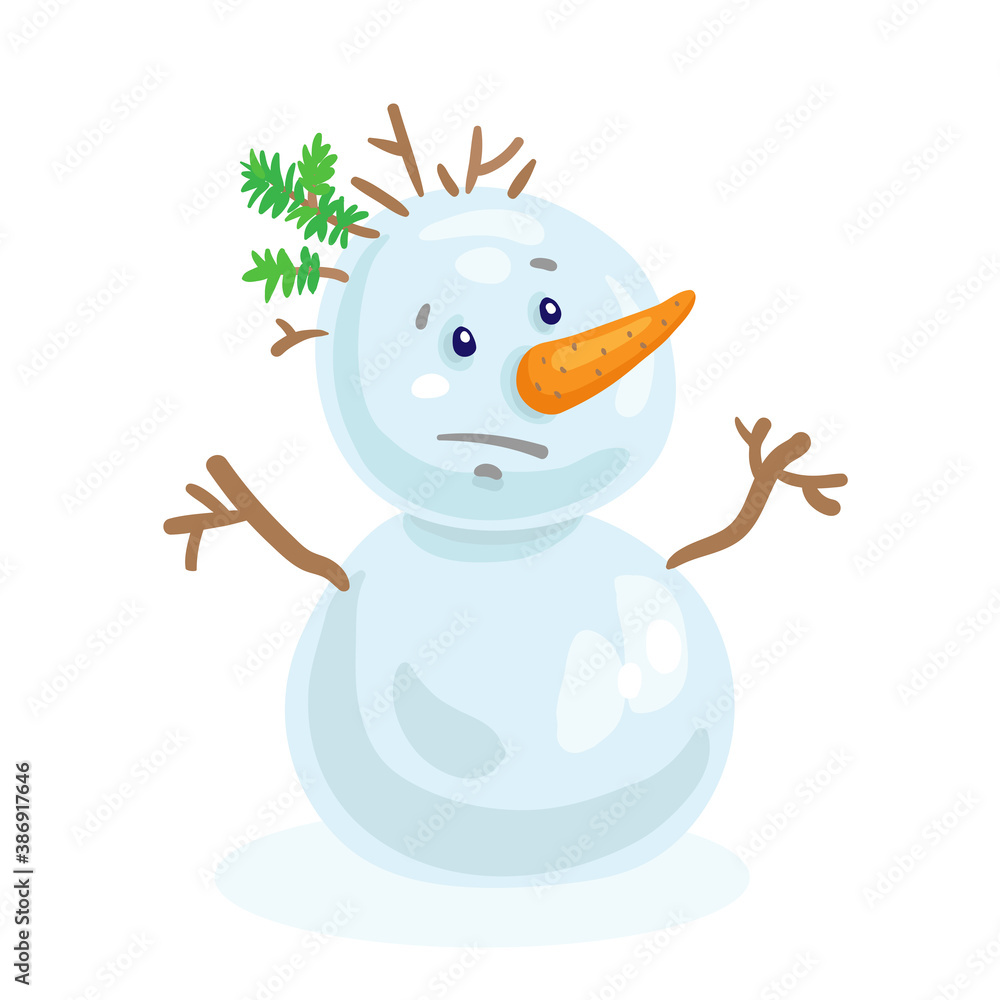 Cute little sad snowman. In cartoon style. Isolated on white background ...