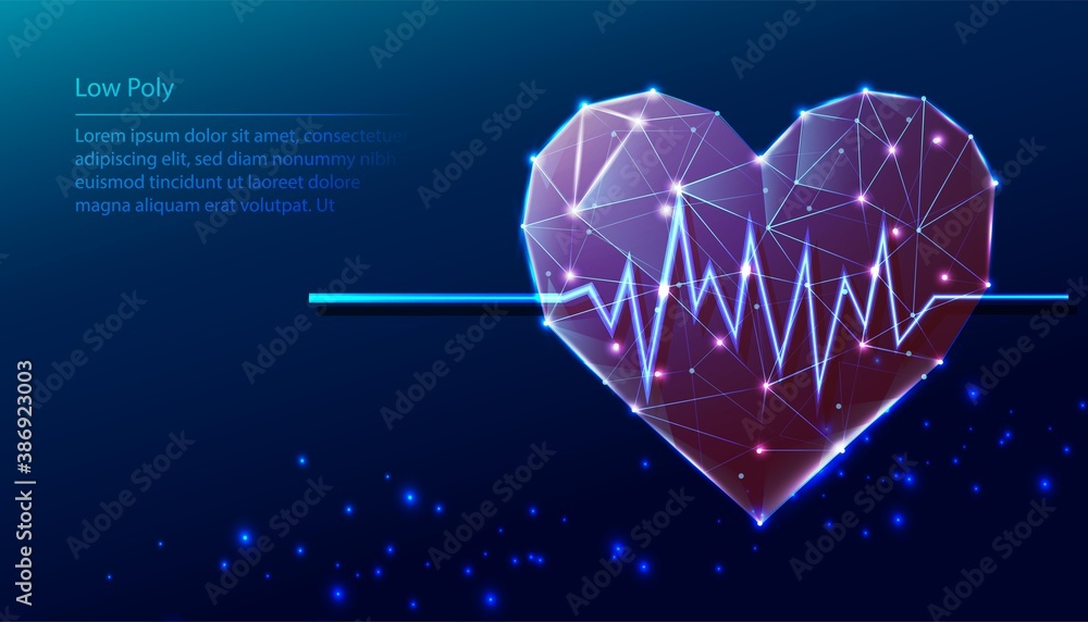 Vector tech low poly blue background. Low poly heart shape with heart ...