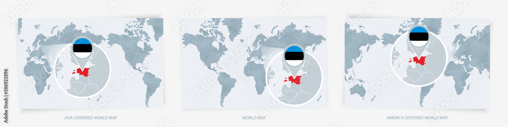 Three versions of the World Map with the enlarged map of Estonia with ...