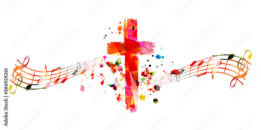 Colorful christian cross with music notes isolated vector illustration ...