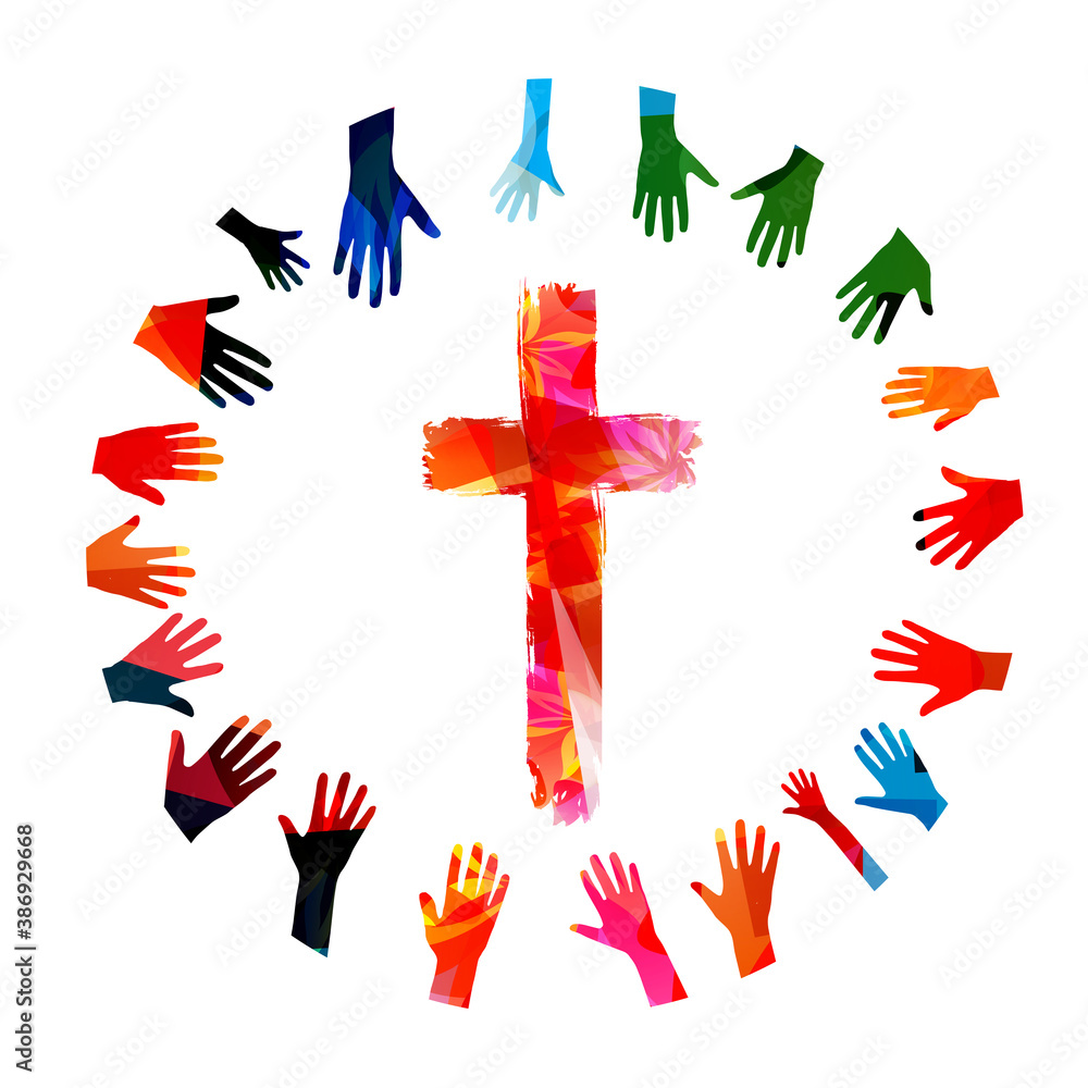 Colorful christian cross with human hands isolated vector illustration ...