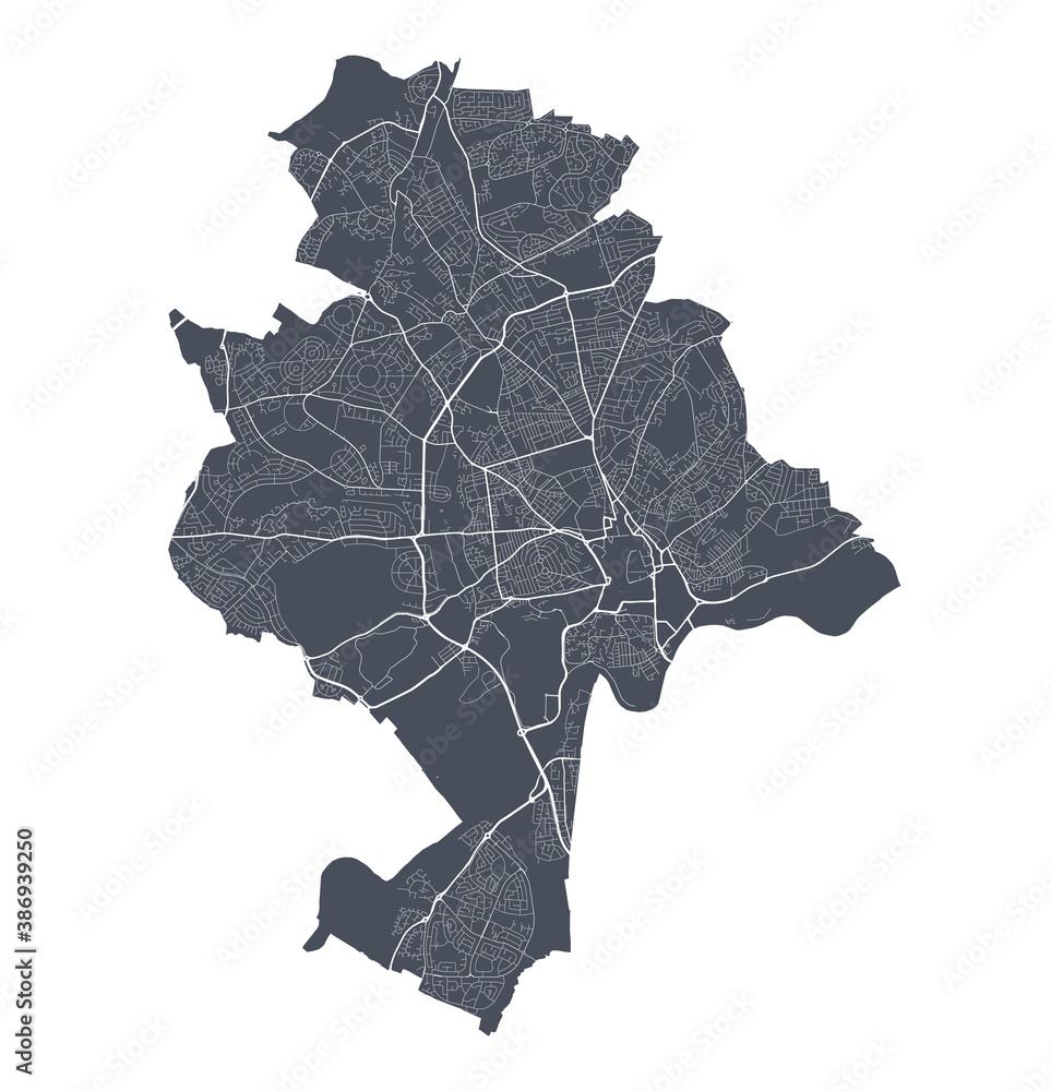 Nottingham map. Detailed map of Nottingham city poster with streets ...