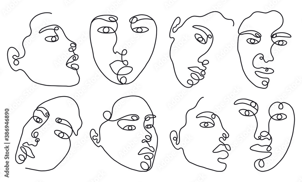 Set linear woman portraits. Continuous linear silhouette of female face ...