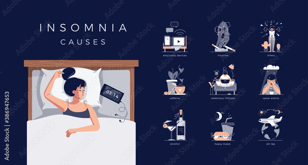 Vetor de Insomnia causes vector illustration set. Sleepless young woman ...