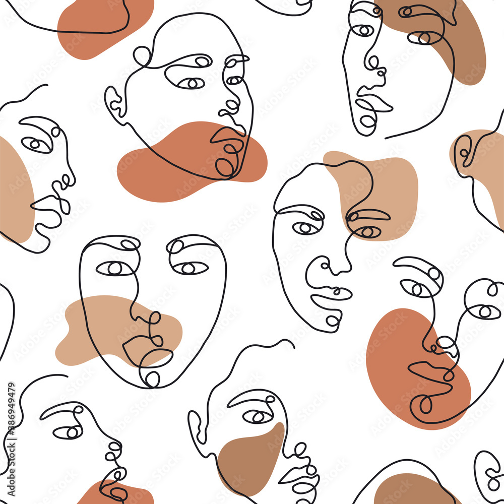 One line drawing abstract face with shape seamless pattern. Modern ...
