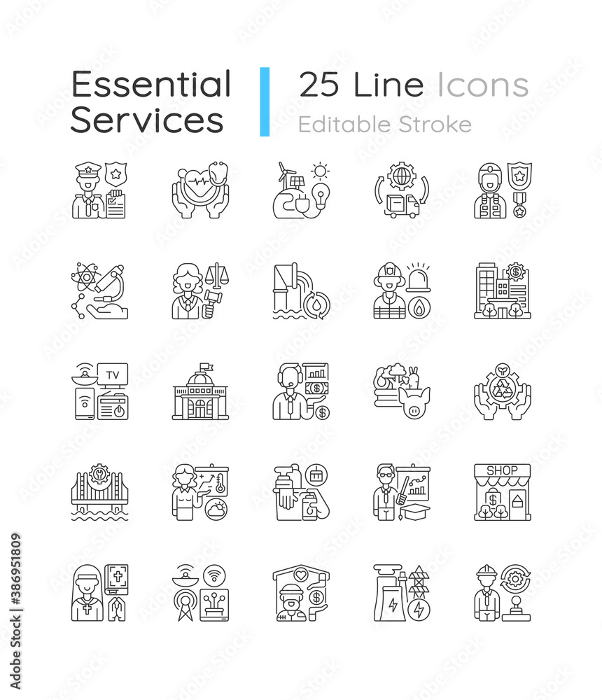 Vetor de Essential services linear icons set. Key industries ...