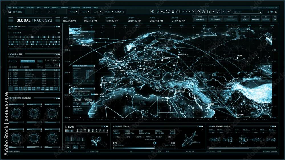 Blue futuristic digital interface screen. Tracking location all over ...